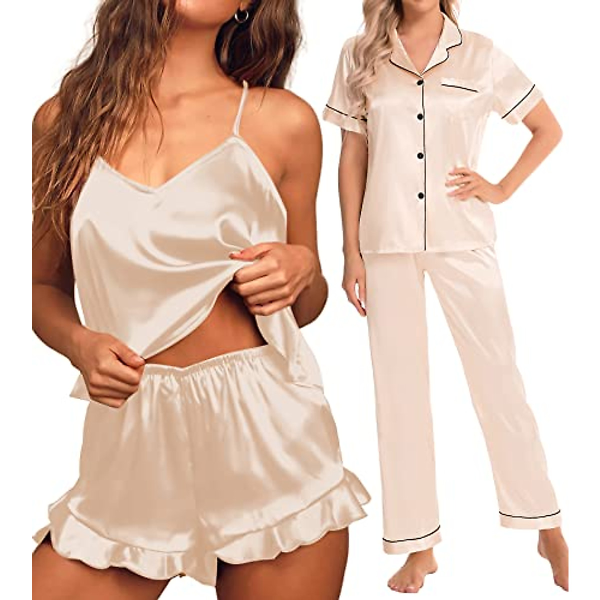 SWOMOG Womens Pajamas Satin 4 Piece Sleepwear Cami Tops And Ruffle Shorts Silk Long Pajama Pants Soft Summer Loungewear Pjs Champagne
