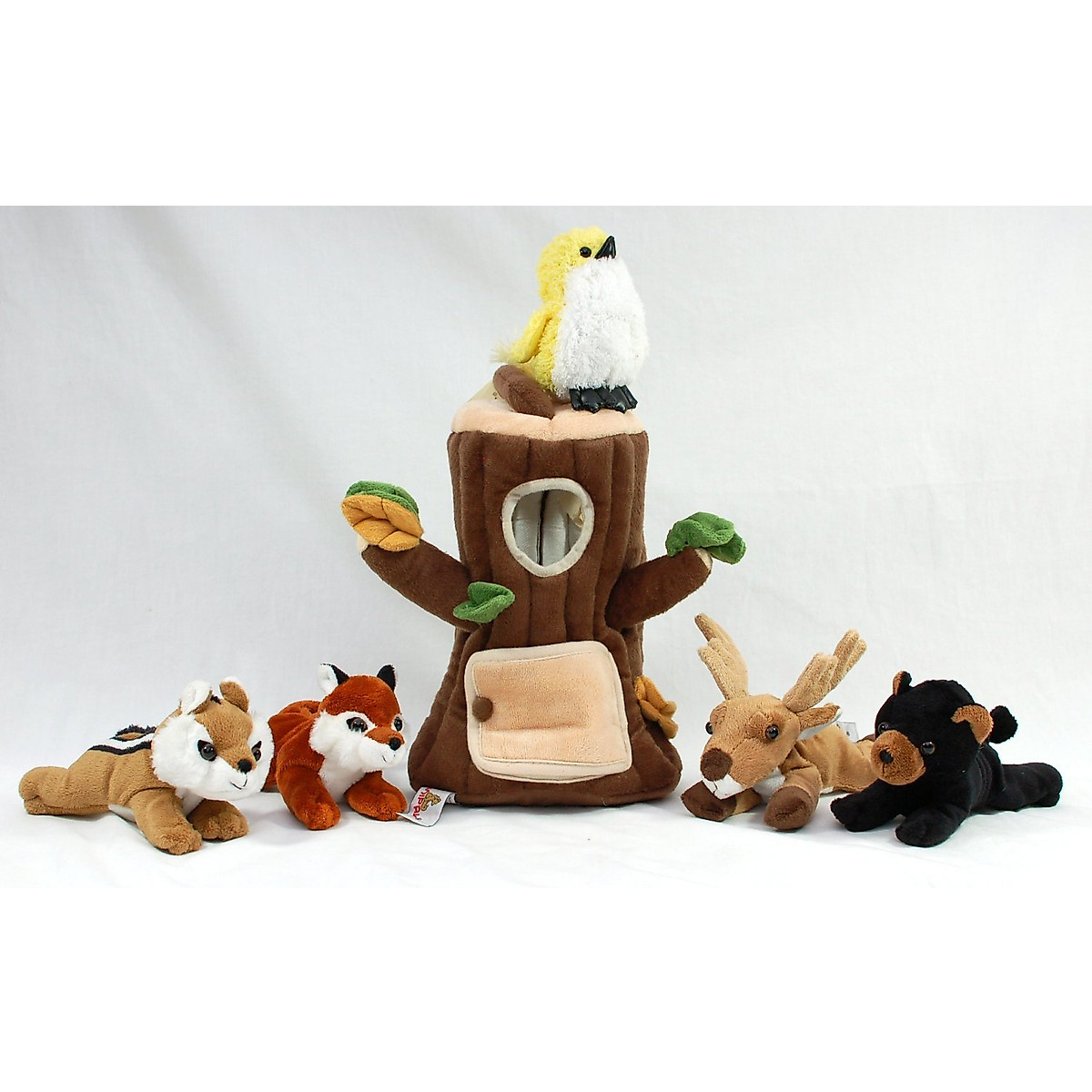 Special Edition Plush Treehouse with Animals - Tree Stump + Five (5) Stuffed Forest Animals (Fox, Elk, Bird, Black Bear, and Chipmunk)