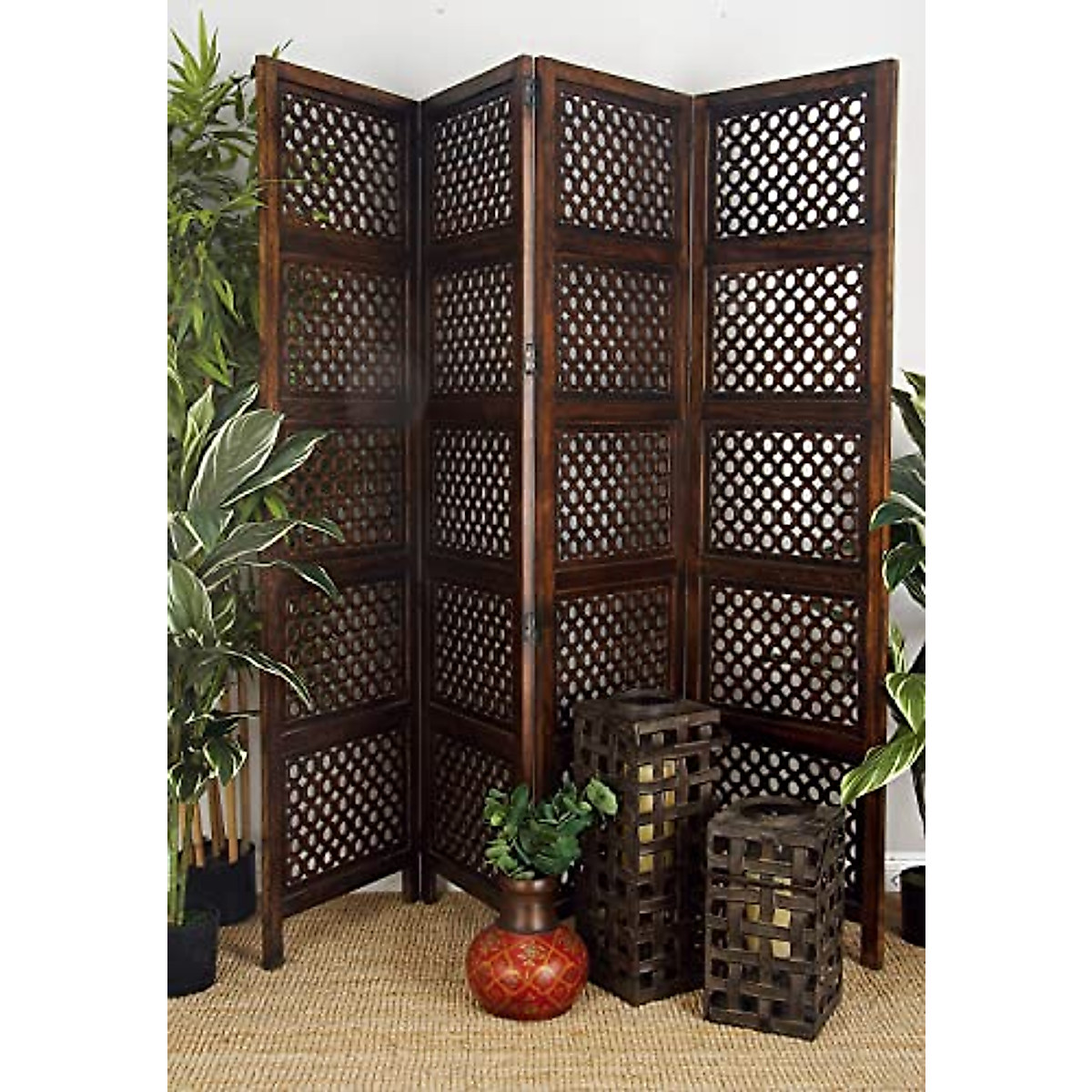 Deco 79 Wood Floral Handmade Hinged Foldable Partition 4 Panel Room Divider Screen with Intricately Carved Designs, 80" x 1" x 72", Brown