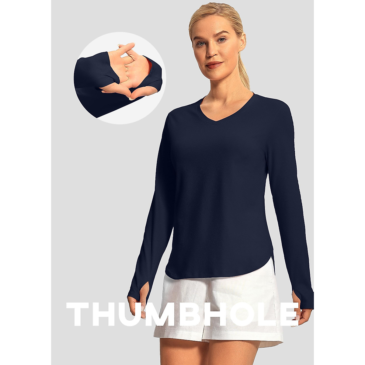 Hiverlay Long Sleeve Workout Shirts for Women V Neck UPF 50+ Athletic Shirts with Thumbhole Running Loose Active T-Shirts Navy Blue m