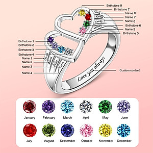 YUYOO Personalized Mothers Rings with Simulated Birthstones Engraved 1-8 Family Names Mother's Day Rings Custom Love Heart Family Rings for Women (Silver)