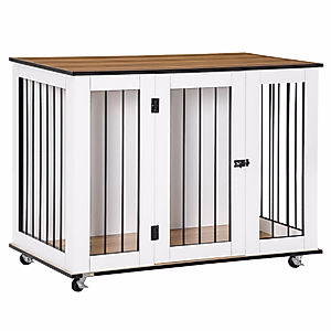 PawHut Large Dog Crate Furniture on Wheels, Dog Crate End Table Indoor with Lockable Door for Large Dogs, 42" W x 23.5" D x 32" H, White