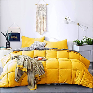 KASENTEX Dual-Sided Yellow and Grey Comforter Set, 2 Pieces Lightweight Teen Solid Bedding Set & Collections, All Season Fluffy Bed Set (68x88in Comforter & 1 Pillowcase)