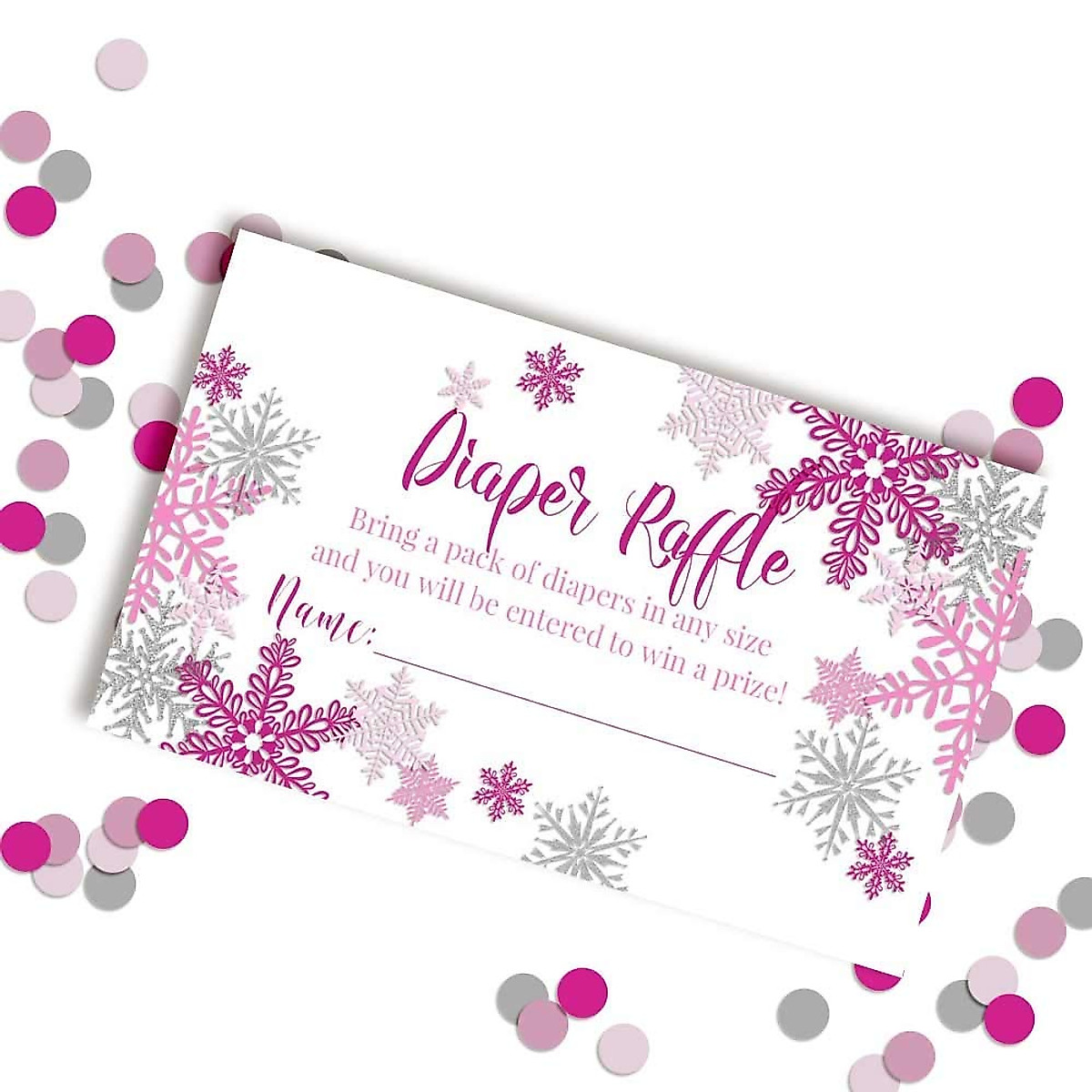 Pink and Silver Snowflake Diaper Raffle Tickets for Girl Baby Showers, 20 2" X 3” Double Sided Insert Cards for Games by AmandaCreation, Bring a Pack of Diapers to Win Favors & Prizes!