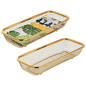Panesor Drawer Organizer Stainless Steel Utensils Holder Mesh Drainer Basket Kitchen Cabinet Drawer Organizer Flatware Tray (2 PCS, Gold)