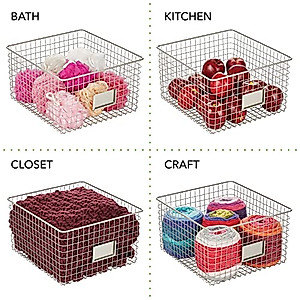 mDesign Wide Metal Farmhouse Storage Organizer Bin Baskets with Label Slot for Closet, Cabinet, Cupboard - Wire Organizing Basket Holds Clothing, Linens, Shoes, Omaha Collection, 2 Pack, Satin
