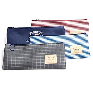Canvas Pencil Holder 4 Pack Stripe Navy Pencil Case Colored Pencil Holder Organizer Plaid Cosmetic Makeup Bag Zipper Pouch for Kids Adults Girls Boys(Multicolor)