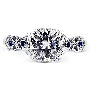 Kobelli Antique Style Cushion-cut Moissanite (GH) Engagement Ring with Blue Sapphire 1-3/4ct TGW 14k White Gold - Size 7