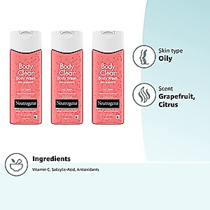 Neutrogena Body Clear Acne Treatment Body Wash with Salicylic Acid Acne Medicine, Pink Grapefruit Body Acne Cleanser to Prevent Breakouts on Back, Chest & Shoulders, 8.5 fl. oz (Pack of 3)