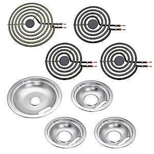 Siwdoy W10196405 W10196406 Chrome Drip Pan Set and MP21YA MP15YA Burner Surface Elements, Compatible with Whirlpool Range Oven