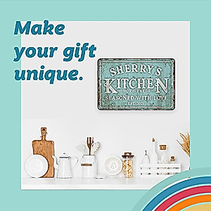 Personalized Vintage Distressed Look Mint Kitchen Seasoned with Love Metal Room Sign (8x12 Inches)