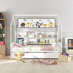 Giantex Twin House Bed with Trundle, Solid Wood Bed Frame with Roof & 8 Cube Bookcase, Wooden Slatted Support Bed Frame for Girls, Boys, No Box Spring Needed, White