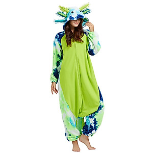 DELEY Unisex Tie Dye Green Axolotl Onesie Adult Halloween Pajamas Cosplay Animal Costume Plush Homewear Sleepwear Jumpsuit