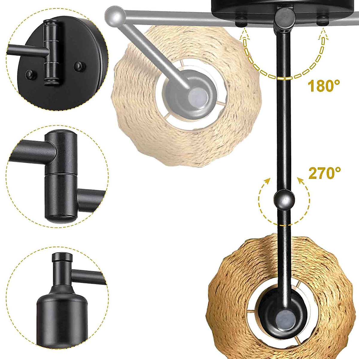 Plug in Wall Sconces, Swing Arm Wall Lamp with Natural Paper String Lampshade Set of 2, Vintage Adjustable Wall Mounted Sconce Wall Lighting Fixture for Bedroom,Bedside,Kitchen,Living Room,Reading