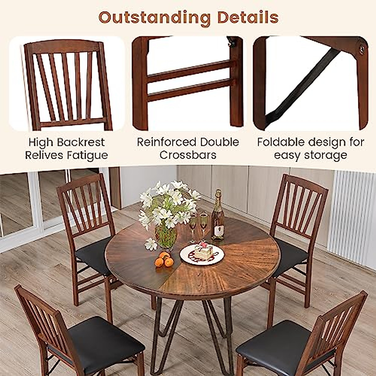 Giantex Folding Dining Chairs Set of 2, Foldable Wood Kitchen Chairs with Padded Seat, Solid Wood Frame, Max Load 400 Lbs, No Assembly Easy to Store Wooden Dining Chairs for Apartment, Small Space