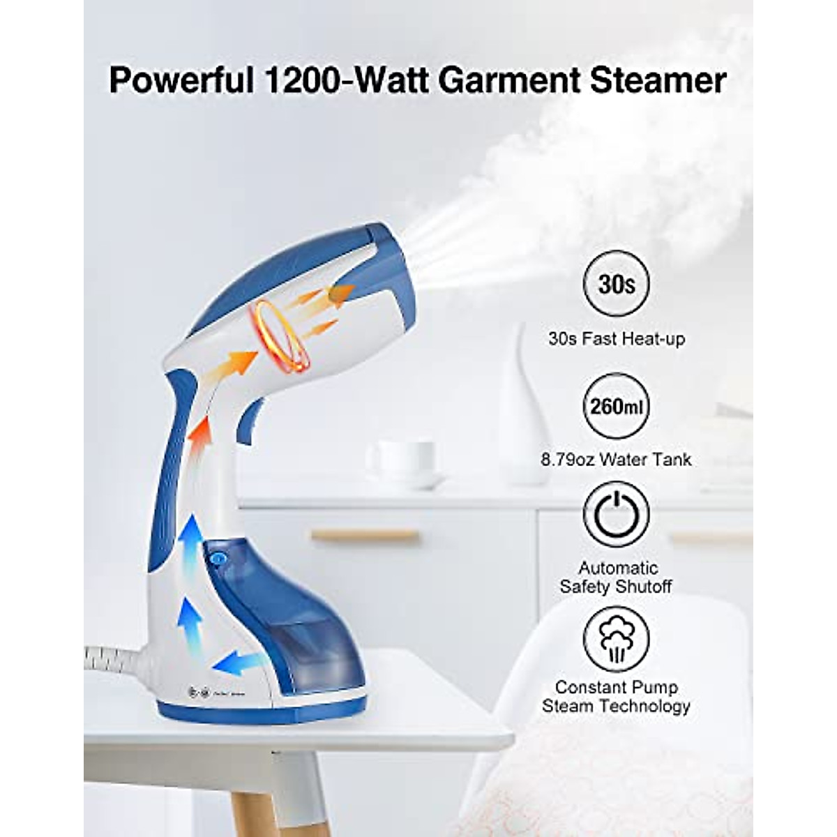 Steamer for Clothes, 1200 Watts Portable Handheld Garment Fabric Wrinkles Remover, Auto-Off, 30-Second Fast Heat-up, 260ml Large Detachable Water Tank