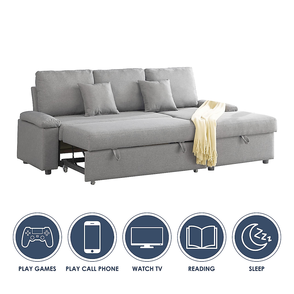 GOOD & GRACIOUS Sectional Sleeper Sofa Couch with Pull Out Bed, L Shaped Modern Sectional Sofa Bed with Chaise Lounge and Storage Function for Living Room, 34.65" x 32.68" x 86.61", Light Gray