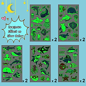 Partywind 130 Styles Luminous Shark Temporary Tattoos for Kids, Glow Shark Birthday Decorations Party Favors Supplies for Boys and Girls, Ocean Under Sea Fake Tattoo Stickers Gifts (10 Sheets)