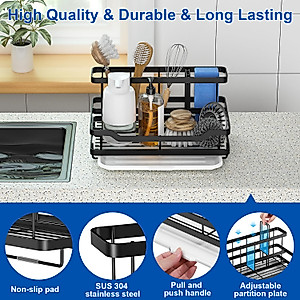 Sponge Holder Kitchen Sink Caddy Organizer, Large Stainless Steel Sink Tray Drainer Rack, Countertop Soap Dish Dispenser Brush Holde with Removable Drain Tray - Not Including Dispenser, Sponge, Brush