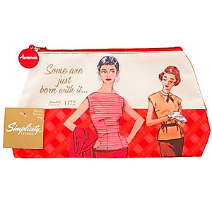 Simplicity Vintage Fashion 1950's ''Some are Just Born With it'' Red Large Zipper Pouch, 10'' L x 5.25'' H