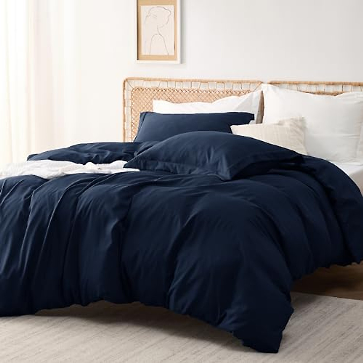 Bedsure Navy Duvet Cover Queen Size - Polyester & Rayon Derived from Bamboo Cooling Duvet Cover Set (90" x 90"), 3 Pieces with 2 Pillow Shams, Comforter Not Included