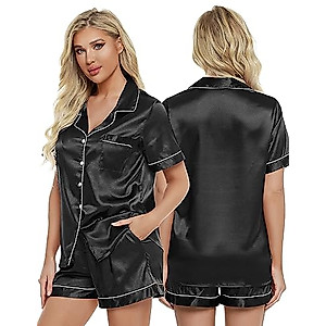 Gepansis Satin Pajama Set Women's Short Sleeve Sleepwear Soft Silk Button Down Loungewear Set Black Large