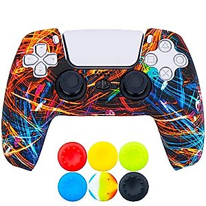 9CDeer 1 Piece of Silicone Transfer Print Protective Thick Cover Skin + 6 Thumb Grips for Playstation 5 / PS5 Controller Black Stream