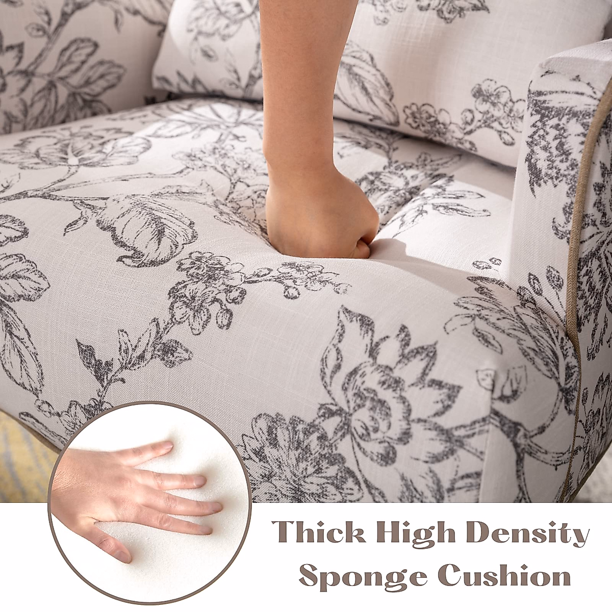 CIMOO Floral Accent Chair Fabric Comfy Single Sofa Upholstered Modern Reading Chair with Removable Pillow Wingback Arm Chair for Living Room/Bedroom/Fireplace, Beige