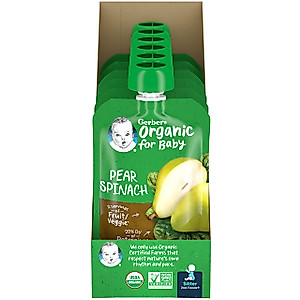 Gerber Organic for Baby 2nd Foods Baby Food Pouch, Pear Spinach, USDA Organic & Non-GMO Pureed Baby Food Pouch for Sitters, 3.5-Ounce Pouch (Pack of 6)