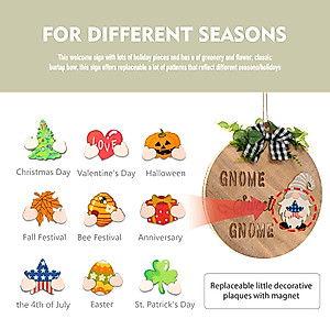 Lighted Interchangeable Gnome Welcome Door Sign, 12 inches Seasonal Front Door Gnome Sweet Gnome Home Decor Hanger, Holiday Wooden Rustic Farmhouse Wall Decor Wreaths with LED Light & 9 Season Icons