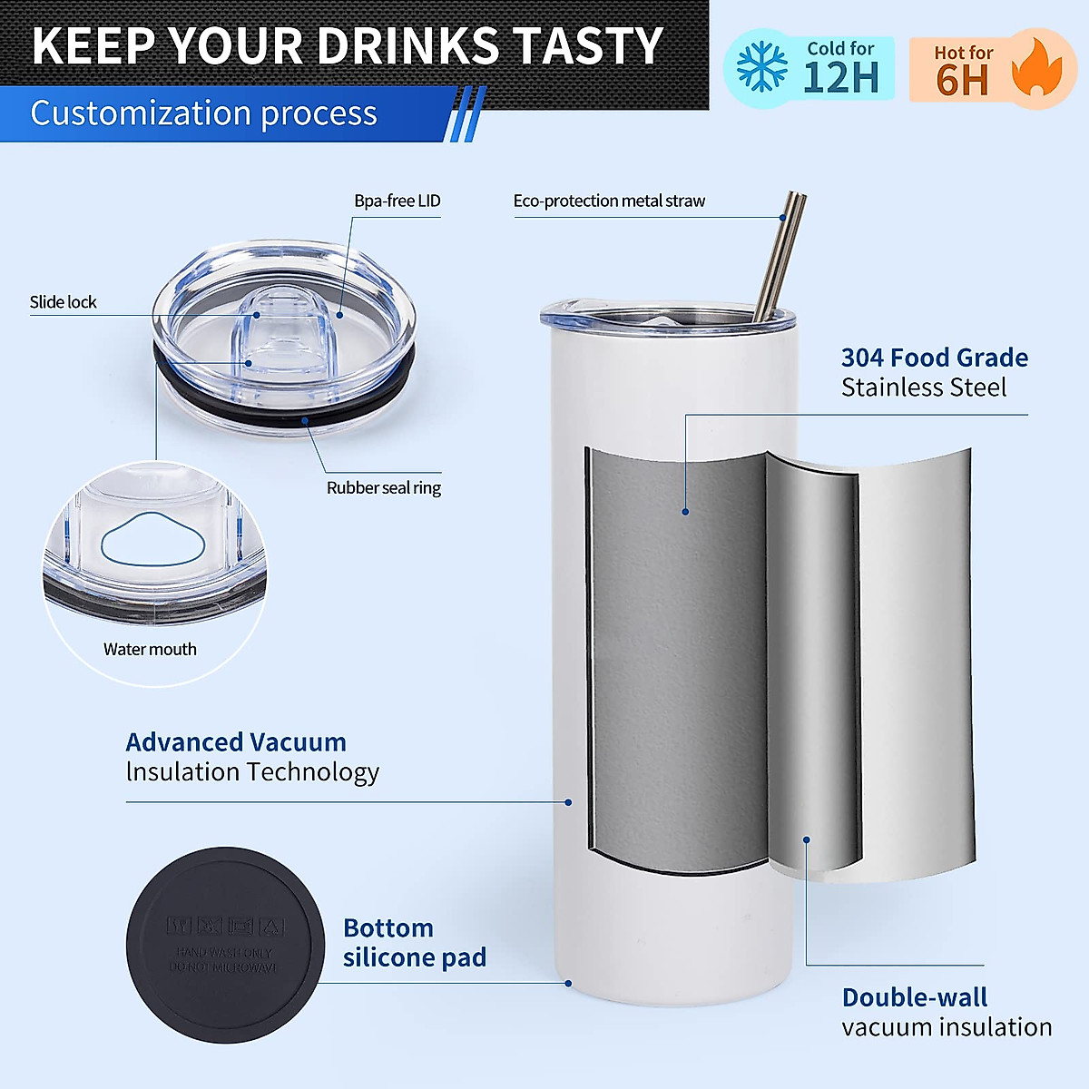 UIRZOTN 8 Pack 20 OZ Sublimation Tumbler Blanks Skinny Straight in Bulk, Stainless Steel Insulated Sublimation Tumbler with Polymer Coating for Heat Transfer, With Lid, Straw, ribbon, Gift Box