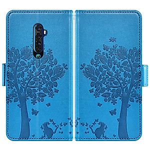Asuwish Compatible with Oppo Reno 2 Wallet Case and Tempered Glass Screen Protector Flip Purse Accessories Wrist Strap Credit Card Holder Stand Cell Phone Cover for Reno2 2019 Women Men Blue