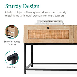 Best Choice Products 39in Rattan Coffee Table, 2-Drawer Modern Boho Home Furniture for Living Room, Bonus Room w/Wicker Storage Compartments, Oak Wood Grain Finish, Metal Frame & Knobs - Light Walnut