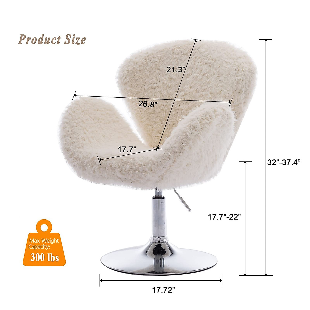 HEAH-YO Contemporary Curly Fur White Vanity Chair with Back, Height Adjustable Swivel Makeup Chair with Chrome Base for Reception Hall Home Dressing Room Shop Stool