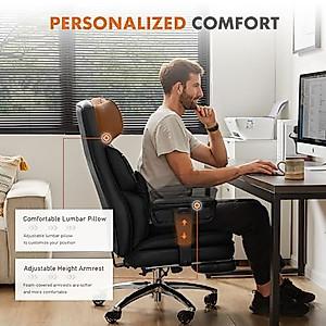 Home Office Chair - Ergonomic Executive Desk Chair with Flip-up Armrest, Adjustable Height PU Leather Chair with Wheels and 360° Rolling Swivel, Mid Back Task Chair with Lumbar Support, Black