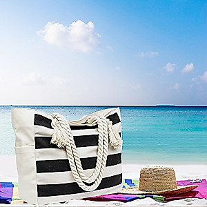 Malirona Large Beach Travel Tote Bag Canvas Shoulder Bag with Cotton Rope Handle (Black Stripes)