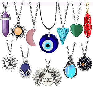 SMADYYY Crystal Necklace Healing Moonstone Heart Necklaces Evil Eye Sunflower Sun and Moon Necklace Hippie Pendants Indie Aesthetic Jewelry set for Women Men Gift (vintage pendant-12pcs)