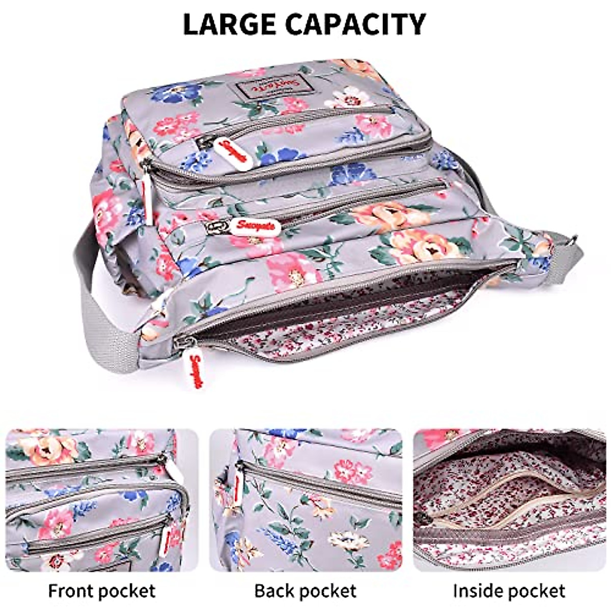WITERY Crossboby Bag for Women - Waterproof Nylon Multi-Pocket Purse Floral Shoulder Bag Zipper Handbag Messenger Bag with Adjustable Strap, Casual Ladies Medium Roomy Travel Purses Hobo Tote Bag