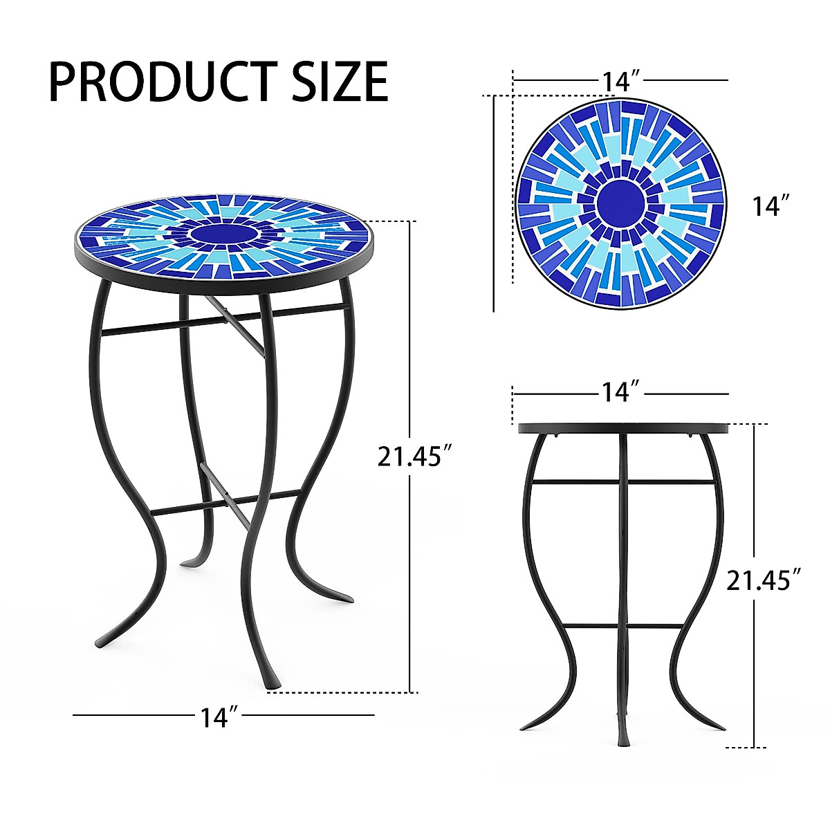 FROMJBEST Mosaic Outdoor Side Table, Patio Side Table, Weather Resistant 14" Diameter 21" H Ceramic Tile Round Outside Table for Patio, Porch, Garden, Pool, Indoor&Outdoor,Plant Stand (Vortex)