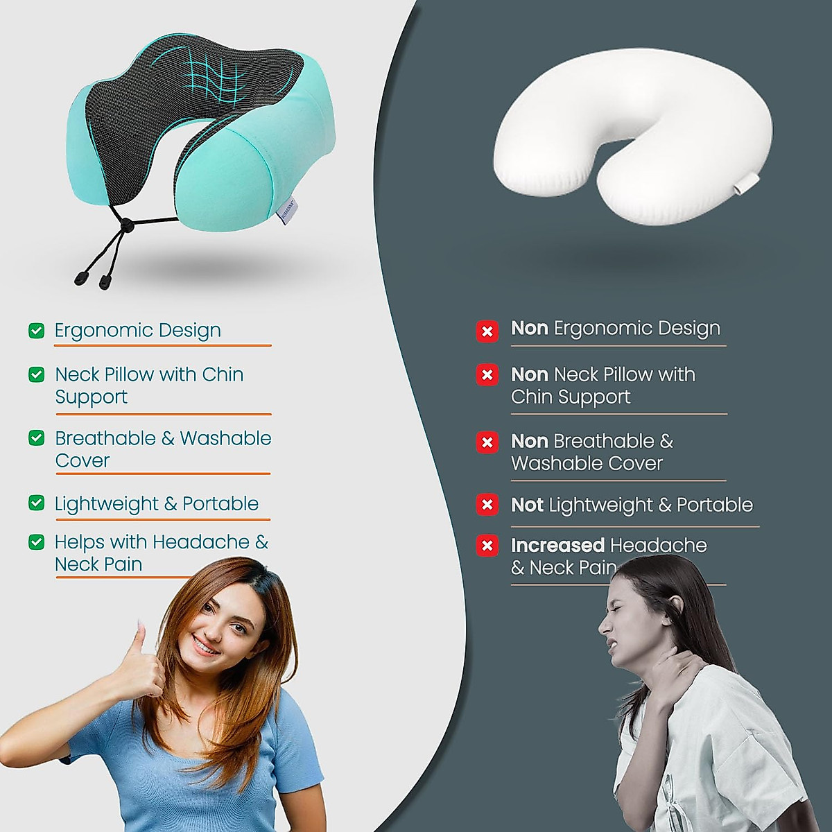 Adjustable Travel Pillow for Neck Support & Comfort, Lightweight Memory Foam Travel Neck Pillow for Sleeping - Washable & Breathable Plane Pillow for Traveling with Eyemask, Earplug & Carry Bag