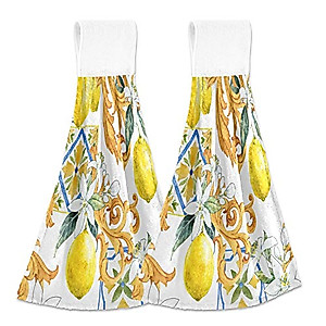 MCHIVER 2 Pcs Hanging Kitchen Hand Towels with Loop, Sicilian Style Lemon Fruit Tile Decorative Towels Absorbent Towel for Bathroom, Laundry Room, Hotel, Gym and Spa