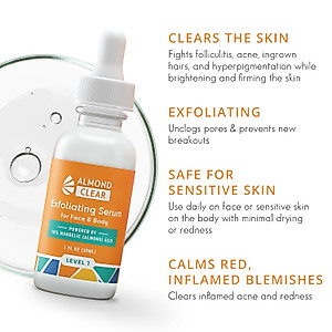 Almond Clear Level 1 Serum | Mandelic Acid Facial Serum for Acne, Folliculitis, Aging Skin, Ingrown Hairs, Dark Spots on Face, Chest, Butt, Back, Thighs, Arms | 1oz