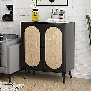 ORRD Sideboard Buffet Cabinet, High Kitchen Storage Cabinet with Rattan Doors and Adjustable Shelves, Accent Home Furniture for Living Room, Bedroom (Black)