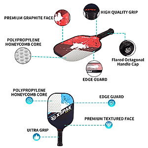 XS XSPAK Pickleball Paddles Set of 4, USAPA Premium Graphite Craft and Fiberglass Polymer Honeycomb Core, Lightweight Pickleball Rackets Including Portable Carry Bag, 4 Balls for Indoor & Outdoors