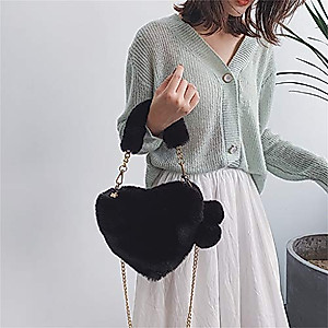 Women Girls Faux Fur Heart Shaped Handbag Plush Shoulder Bag Clutch Purse with Metal Chain Strap