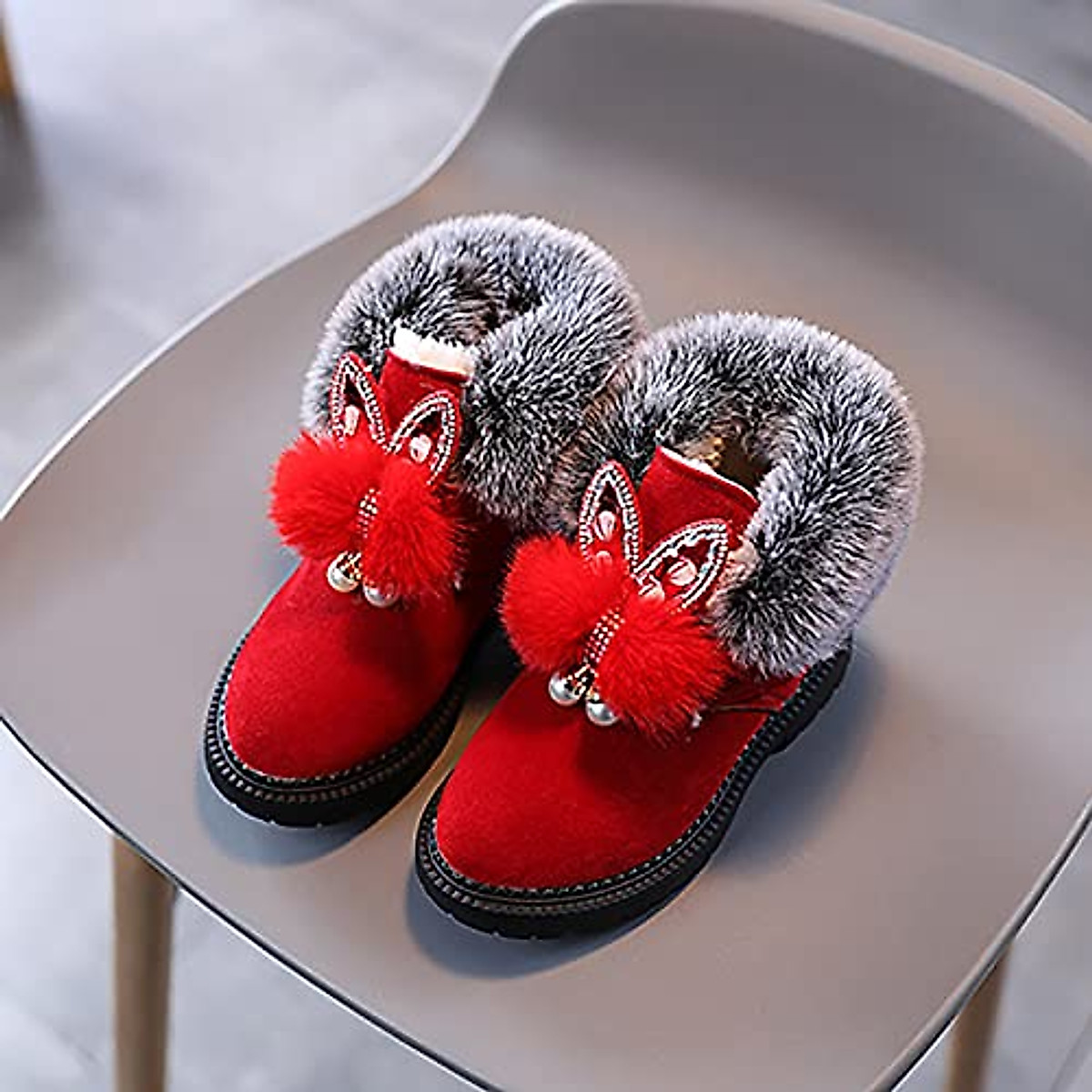 Lykmera Kids Baby Girls Warm Shoes Princess Boots Shoes Fashion Hairball Cotton Boots Snow Boots Toddler School Boots Shoes (Red, 3.5-4 Years Toddler)