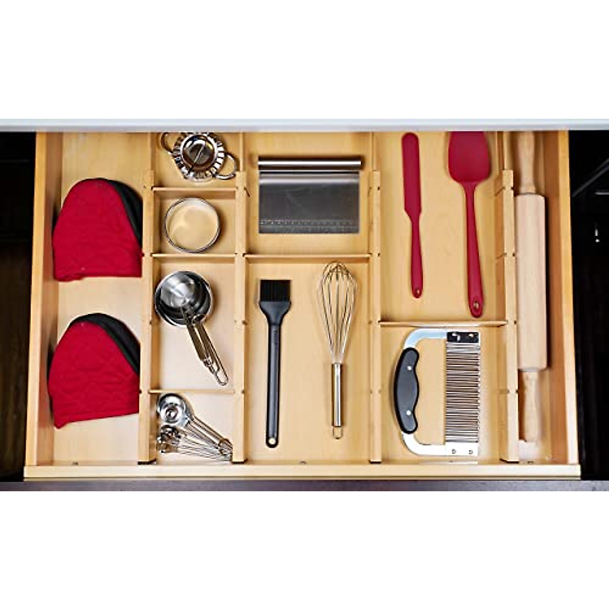 BamBamBoo Adjustable 17-22in Bamboo Dividers Organizers with 9 Inserts, Expandable Spring Loaded Drawer Dividers for Kitchen, Dresser, Bedroom, Bathroom, Office, and Garage (4 Pack)