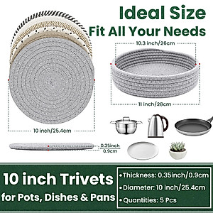 KITLAB 10 Inch Trivets for Hot Dishes, Hot Pots and Pans, Extra Large Thick Heat Resistant Large Coaster, Hot Pads, Kitchen Essentials, Pot Holders for Countertop with Storage Basket, 5 Pcs