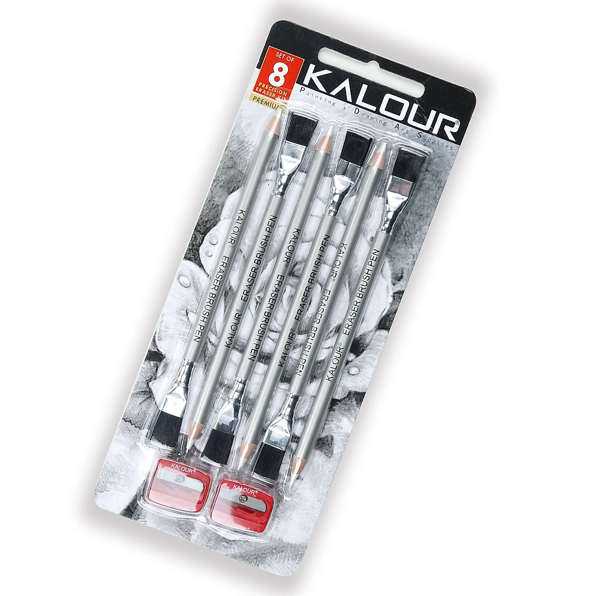 KALOUR Detail Eraser Pencil - 6pc Eraser Pencils with Brush and 2pc Sharpener,Erasing Small Details or add Highlights for Sketching, Charcoal Drawings. Fine Detail Eraser for Beginners & Artists