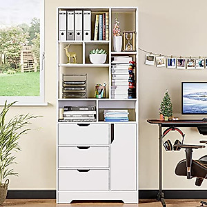 SEJOV Stylish White Bookshelf, 71" Tall Bookshelf with Doors and 3 Drawers, Wood Bookshelf with 4-Tier Open Shelves, for Bedroom Living Room Entrance Hallway Home Office